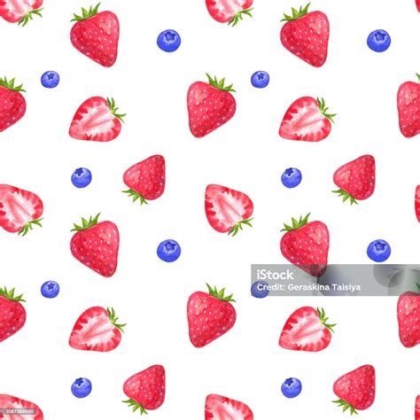 딸기와 블루베리 완벽 한 패턴입니다 손으로 그린 수채화 그림 흰색 배경에 고립 딸기에 대한 스톡 벡터 아트 및 기타 이미지