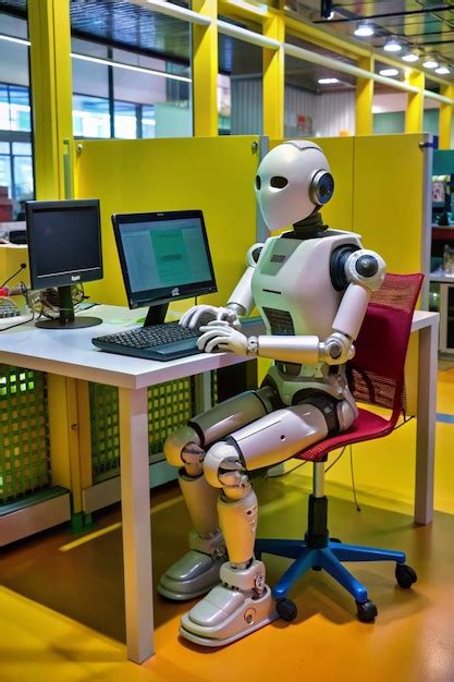 A Robot Sits In Front Of A Computer With A Computer On The Desk Premium Ai Generated Image