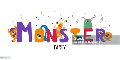 만화 스타일의 괴물과 귀여운 아이 배너 재미있는 캐릭터와 파티 초대 템플릿 휴일 생일을 위한 인사말 카드 벡터 일러스트레이션 0