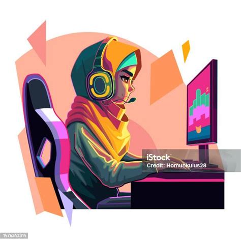 헤드셋을 쓴 소녀 게이머 또는 스트리머가 컴퓨터 앞에 앉아 있습니다 Championship에 대한 스톡 벡터 아트 및 기타 이미지 Championship
