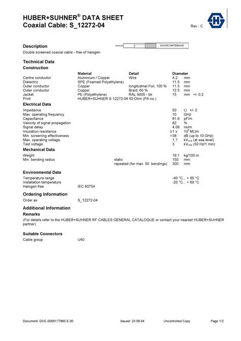 pdf huber suhner data sheet coaxial cable s … · huber suhner ® data