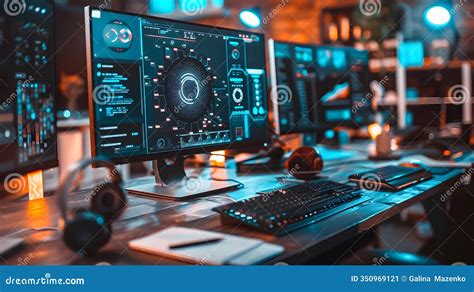 high tech workspace with multiple monitors displaying futuristic