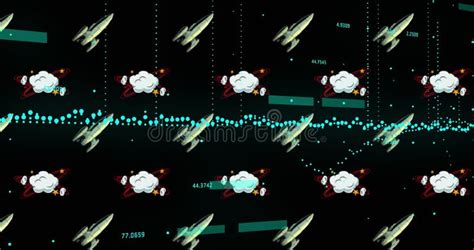 Image Of Graph And Data Processing Over Rocket Ships And Clouds On