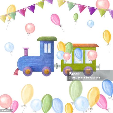 흰색 배경에 격리된 어린이 나무 기차 세트의 수채화 그림 보육원 어린이 방 장식 친환경 소재 어린이 장난감 인쇄 포스터 배경 장식 벽지 포장 0명에 대한 스톡 벡터 아트 및