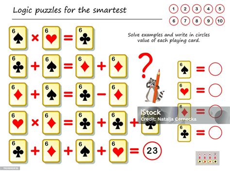 수학 논리 퍼즐 게임 예제를 풀고 각 카드 놀이의 가치를 계산하십시오 원 안에 숫자를 씁니다 수수께끼 책의 인쇄 가능한 페이지 공간적 사고력 개발 Iq 트레이닝 테스트 0