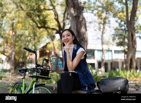 Businesswoman Ride Bicycle Sit Outside Working Entrepreneur Commuting By Cycling Reduce Carbon