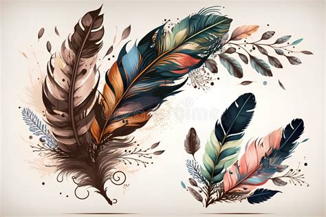 Set Of Feathers With Different Patterns And Design Elements Vector Illustration Stock