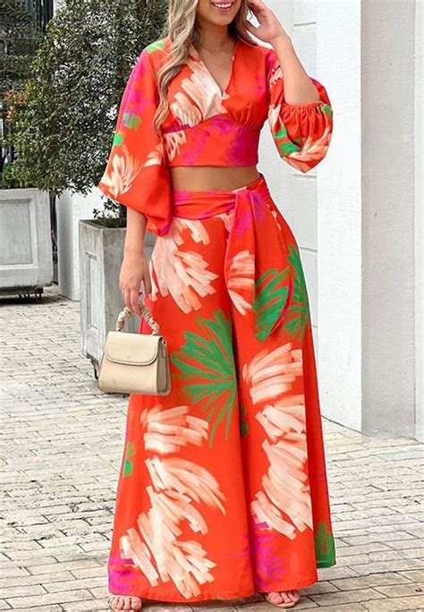 Tropical Floral Print Crop Top And Pants Summer Coordinates For Women