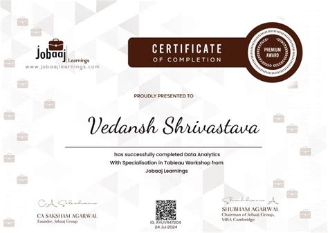 completed tableau workshop with jobaaj learning vedansh shrivastava