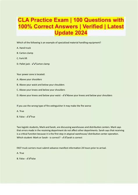 Cla Practice Exam 100 Questions With 100 Correct Answers Verified