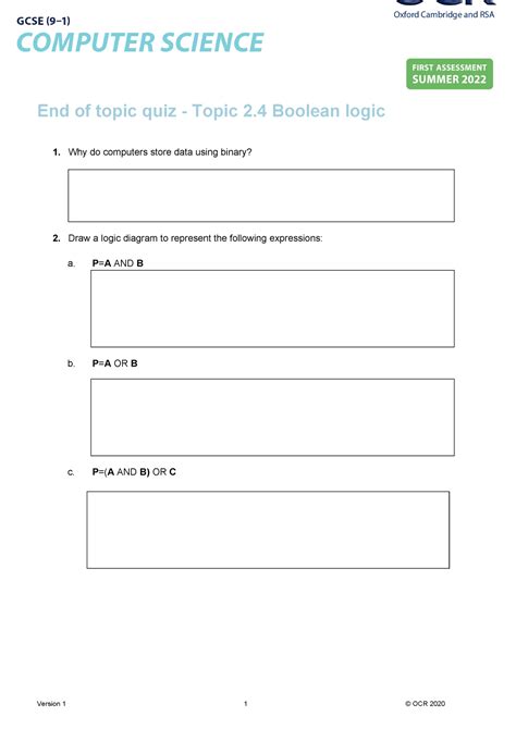 Boolean Logic End Of Topic Quiz End Of Topic Quiz Topic 2 Boolean