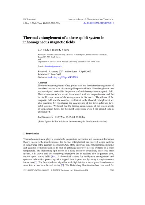 Pdf Thermal Entanglement Of A Three Qubit System In Inhomogeneous Magnetic Fields