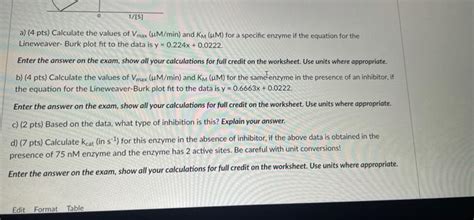 solved the lineweaver burk plot 1 v vs 1 [s] shown below