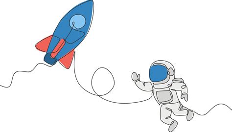 Single Continuous Line Drawing Of Astronaut In Spacesuit Flying At Outer Space With Rocket