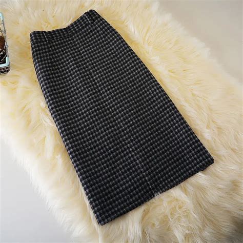 하이 패션 모직 격자 무늬 치마 여성 가을 새로운 하이 허리 포켓 스플릿 중간 길이 스커트 한국 겨울 1 단계 플러스 사이 Basso And Brooke