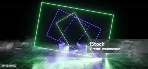 연기 안개 어두운 빈 검은 추상 혼돈 네온 빛나는 레이저 형광 가상 현실 블루 퍼플 녹색 활기찬 조명 그런 지 콘크리트 반사 바닥 빈 홀 룸 터널 3d 렌더링 0명에 대한