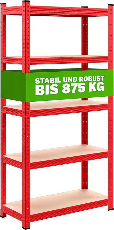 Monzana® Schwerlastregal 180x90x40cm 875kg Rot 5 Mdf Platten Lagerregal