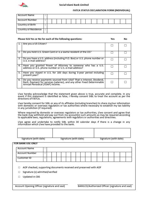 Fatca Declaration Form Sibl Pdf Taxes Payments