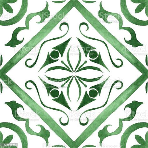 짙은 녹색과 흰색 모로코 포르투갈 타일 Azulejo 아랍어 장식품의 화려한 이음새없는 패치 워크 패턴 손으로 그린 수채화 0명에 대한 스톡 벡터 아트 및 기타 이미지