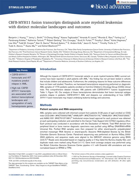 Pdf Cbfb Myh11 Fusion Transcripts Distinguish Acute Myeloid Leukemias With Distinct Molecular