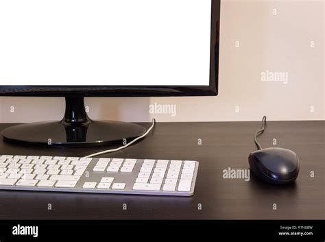 Office Computer On Wooden Black Desk Mockup Lcd Screen Keyboard