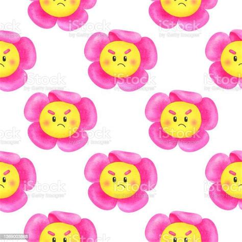 밝은 만화 꽃과 매끄러운 패턴 공격적인 감정으로 화가 핑크 꽃 만화 스타일의 수채화 캐릭터와 재미있는 여름 배경 가공의 인물에