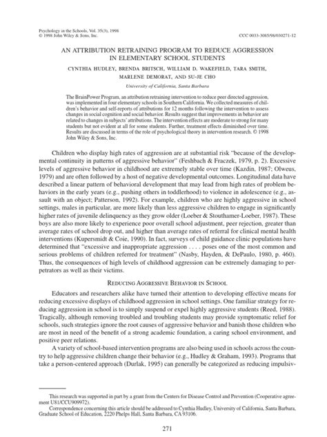 Attribution Retraining Program To Reduce Pdf Aggression Violence