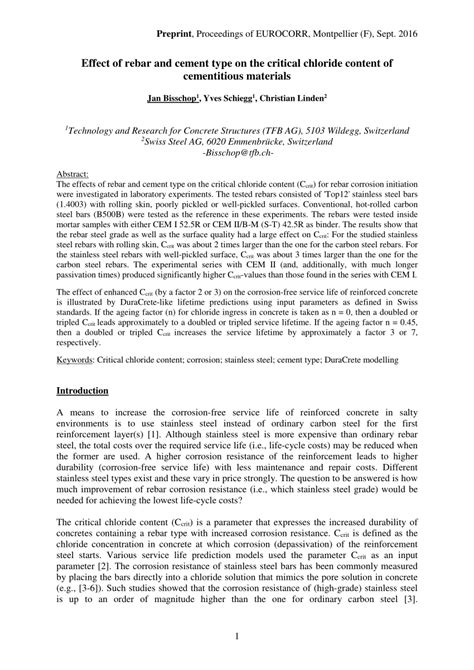 Pdf Effect Of Rebar And Cement Type On The Critical Chloride Content Of Cementitious Materials