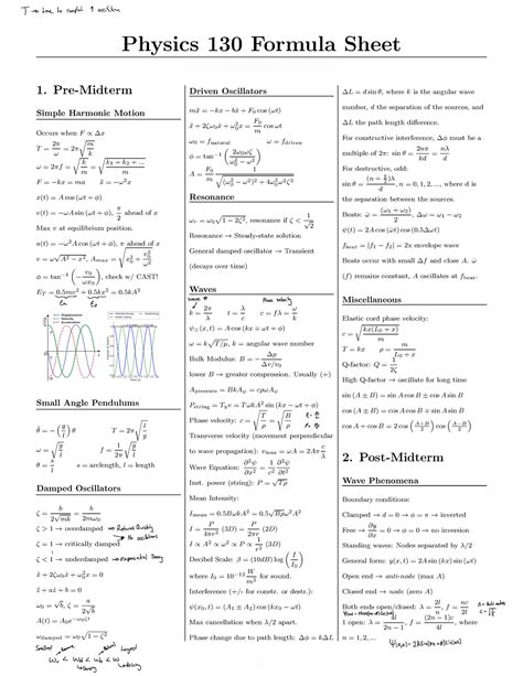 Formula Sheet Physics Physics 130 Formula Sheet Created Using Latex