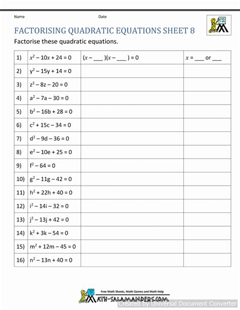 Quadratic Equation Practice Worksheet Printable Pdf Template
