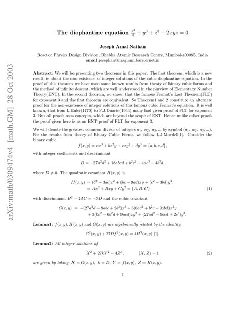 Pdf The Diophantine Equation X33y3z3 2xyz0