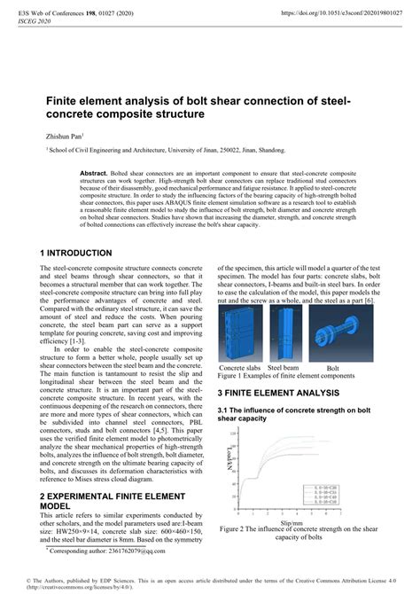Pdf Finite Element Analysis Of Bolt Shear Connection Of Steel Concrete Composite Structure
