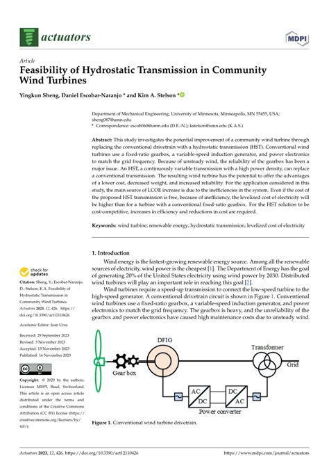 Pdf Feasibility Of Hydrostatic Transmission In Community Wind Turbines