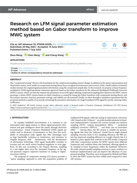 Pdf Research On Lfm Signal Parameter Estimation Method Based On Gabor