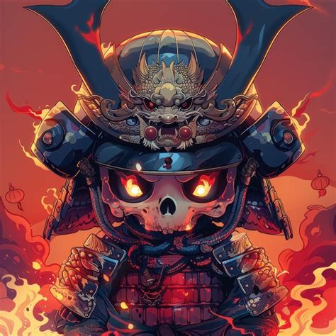 Premium Photo A Chibi Skull Samurais Face Eyes Ablaze Helmet Decorated With Dragon Motifs