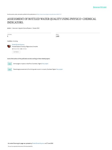 Assessment Of Bottled Water Quality Using Physico Chemical Pdf