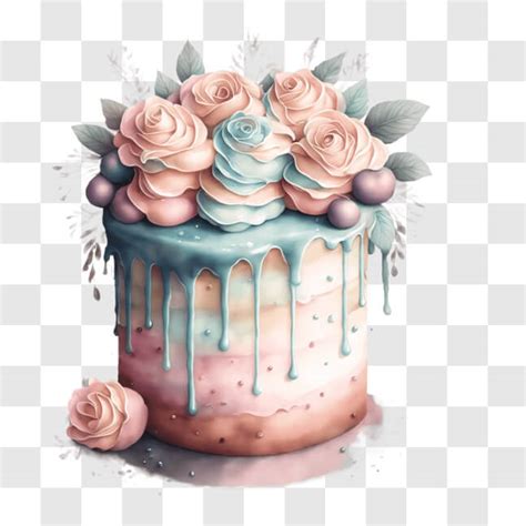 Descarga Pastel De Colores Con Rosas Rosas Azules Y Blancas Pngs En