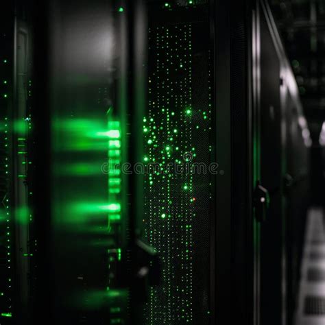 Server Room Interior Green Server Lights Illuminate Data Flow In Modern Network Center Stock
