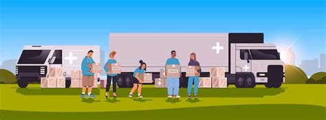 Premium Vector People Loading Donation Help Boxes With Medical Supplies Humanitarian Aid