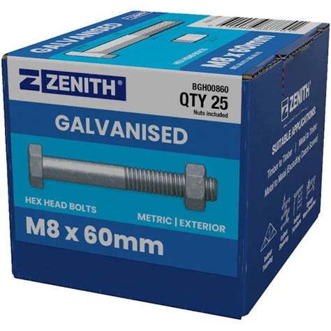 Zenith M8 X 60mm Hot Dip Galvanised Hex Head Bolts And Nuts 25 Pack
