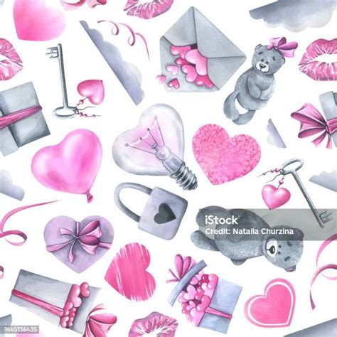 선물 상자 활 장난감 곰 구름 키스 흰색 배경에 하트 수채화 그림입니다 발렌타인 데이 컬렉션의 매끄러운 패턴 장식 및 디자인 2월에 대한 스톡 벡터 아트 및 기타 이미지