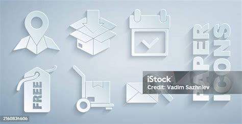 핸드 트럭과 상자 체크 표시가있는 달력 가격표 무료 봉투 돋보기 골 판지 교통 기호 및지도 용지 아이콘에 자리 표시자를 설정합니다 벡터 3차원 형태에 대한 스톡 벡터 아트