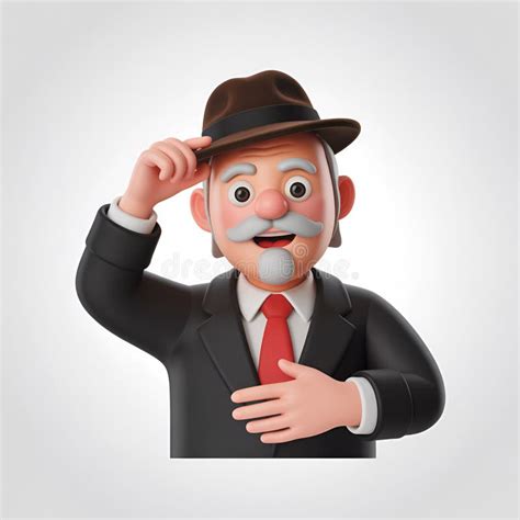 Cartoon Man In Suit Tipping Hat With Red Tie And Mustache On White