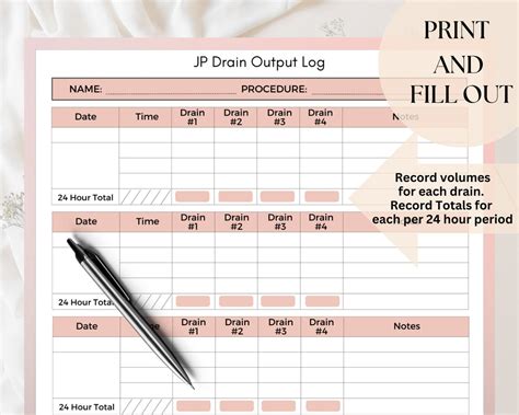 Printable Surgical Drain Log Post Op Jp Drain Record Mastectomy Drain