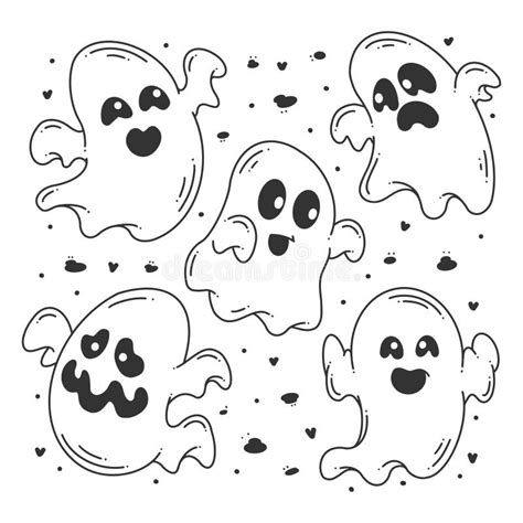 Hand Drawn Halloween Cute Ghost Set Doodle Stock Vector Illustration