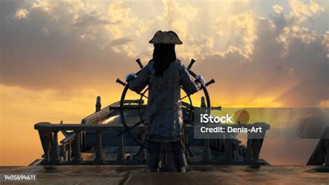 해적 선장은 배의 스티어링 휠을 잡고 항해하는 해적선에서 바다를 가로 질러 항해합니다 렌더링 3d 해적에 대한 스톡 사진 및