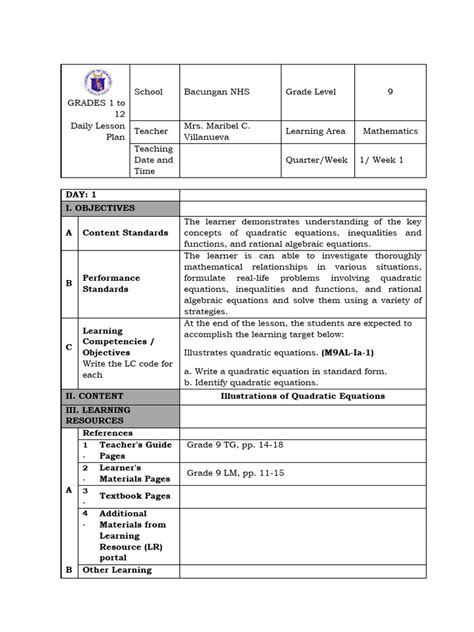 Math 9 Q1 W1 D1 Pdf Equations Learning