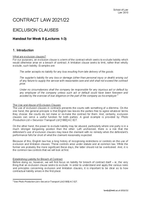 Contract 2122 Exclusion Clauses Handout Week 8 Babe Of Law Law 2610 CONTRACT LAW 2021