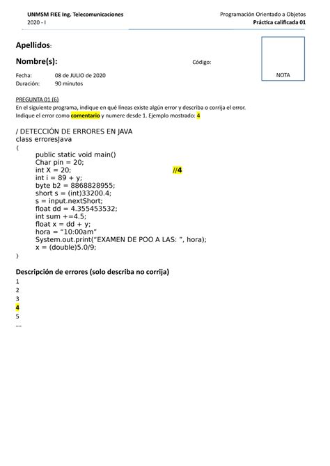 Poo 2020 I Pc 01 G1 Ejercicios De Programacion Orientada A