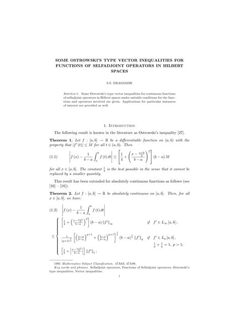 Pdf Some Ostrowskis Type Vector Inequalities For Functions Of Selfadjoint Operators In